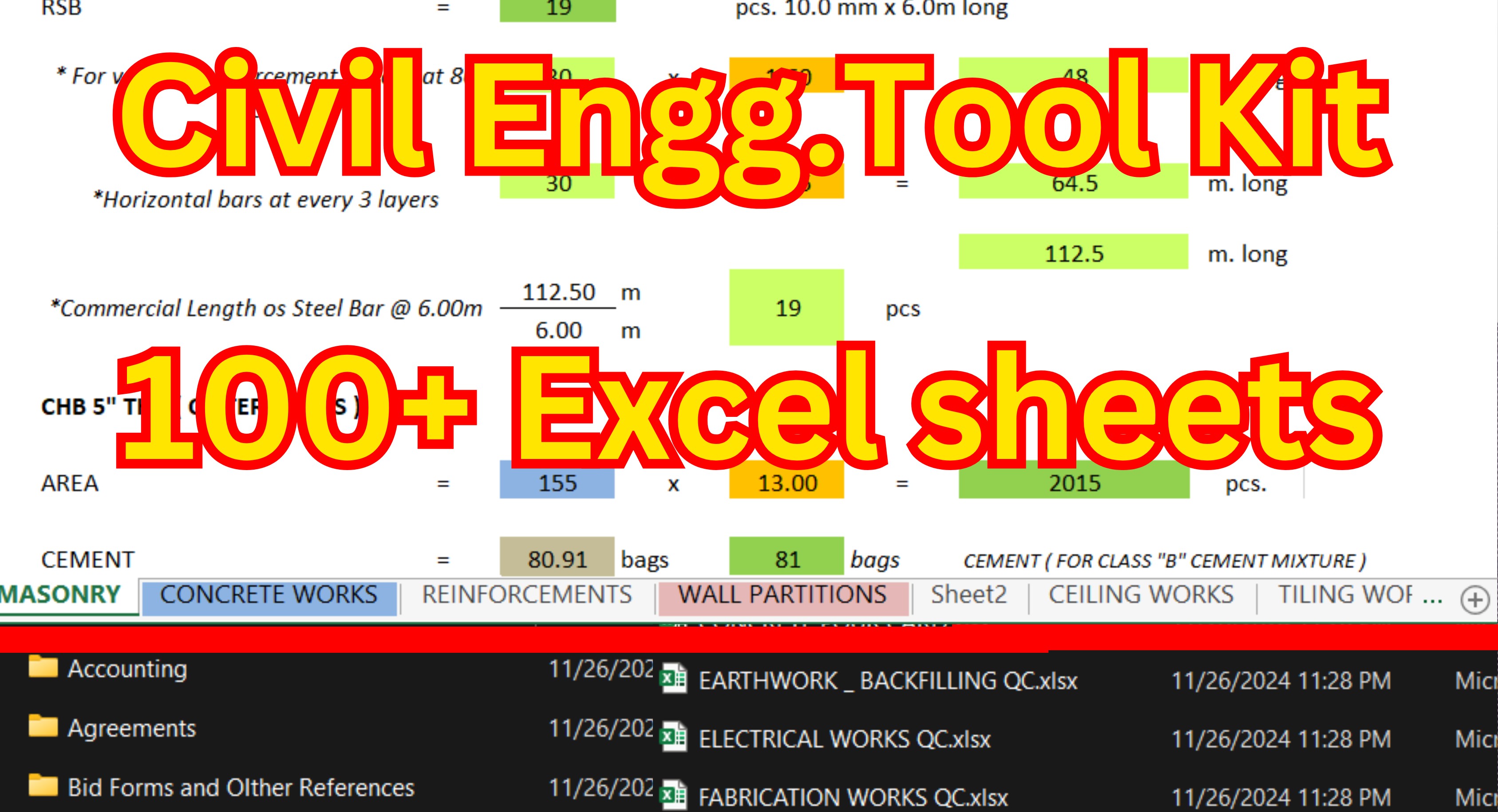 100+ Excel Sheets: Civil engineering tool kit